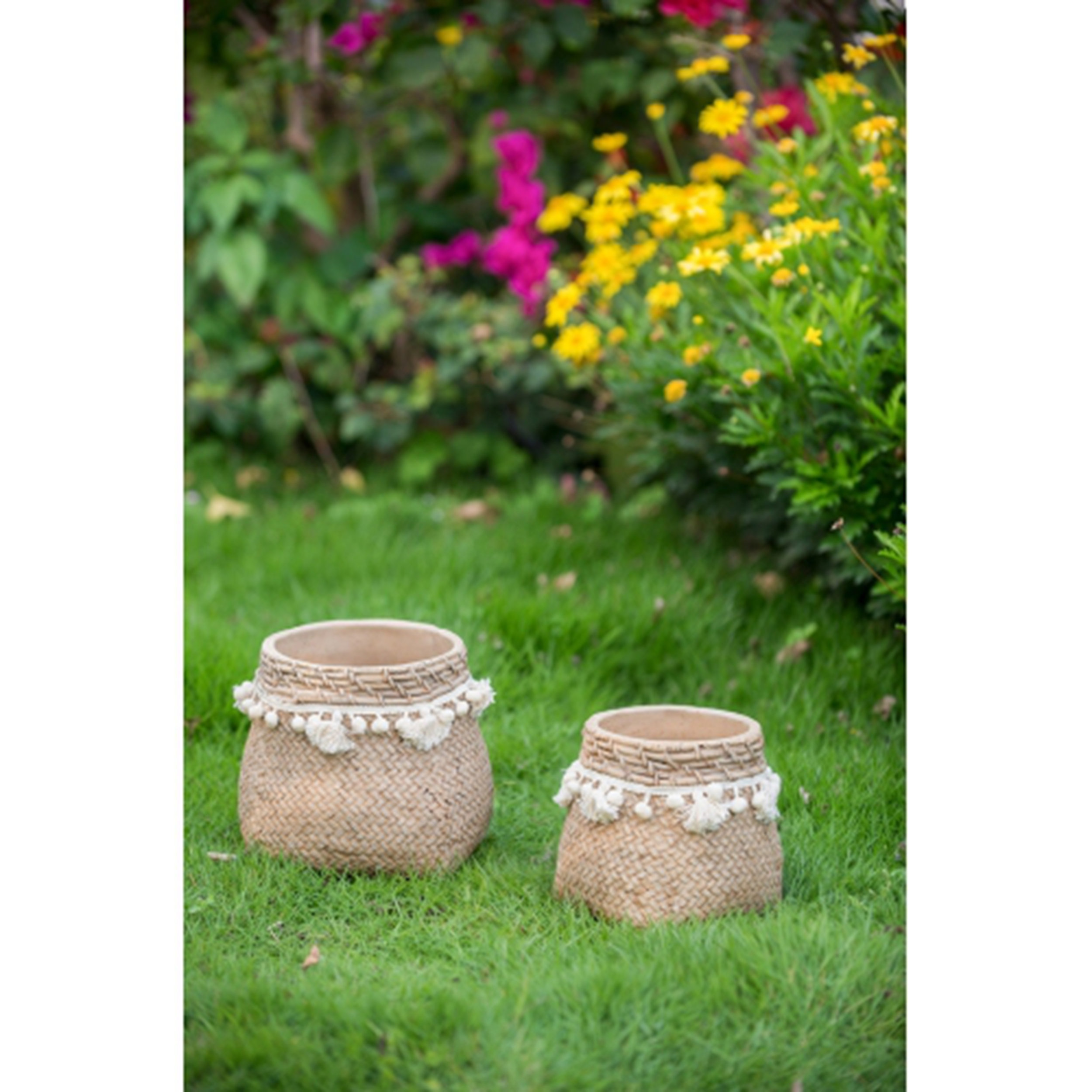 Dakota Fields Set Of 2 6.5X6.5X6" Brown Cement Planter With Woven Tassel Accent - Wayfair Canada